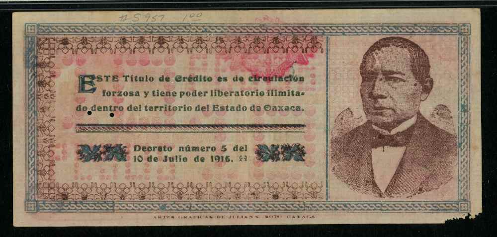 1915 Oaxaca State Mexico Series A 10 Pesos Banknote P#957b Blue Paper – Giamer Antiques and ...