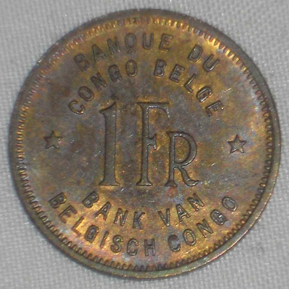 Nice 1944 One Franc Brass Coin Belgian Congo Elephant Moving Left XF+ ...