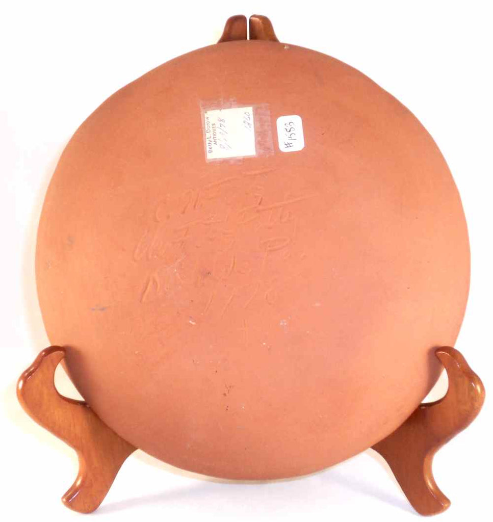 1978 Glazed Redware Large Shallow Plate Brown Rooster On Dark Blue or ...