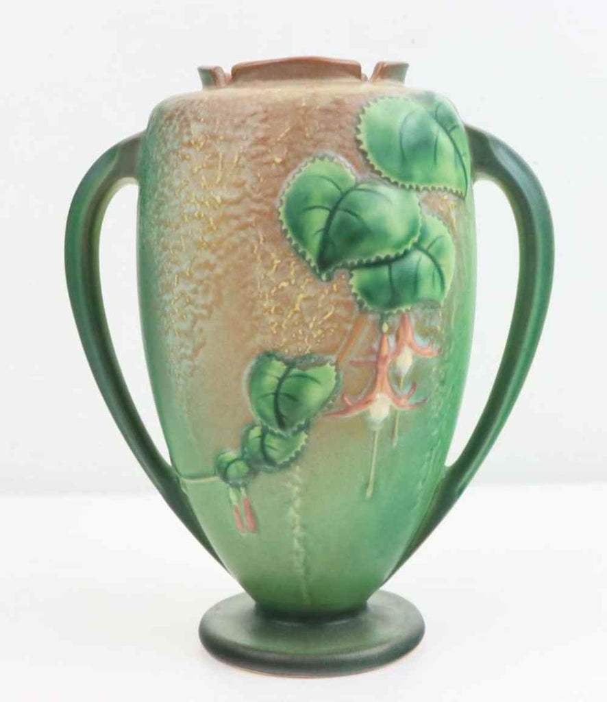 "Rare" 1938 Roseville Pottery 8 Inch Tall Green Fuchsia Bulbous Vase w ...