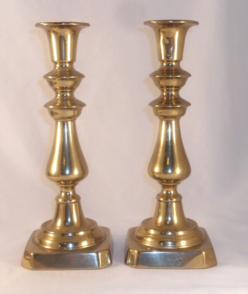 Pair Antique 10 1/2" Tall Push Rod Brass Candlestick Holders Square Ch ...