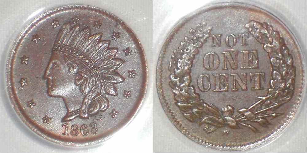 1863 Copper Patriotic Civil War Token Indian Head NOT ONE CENT Fuld 62 ...