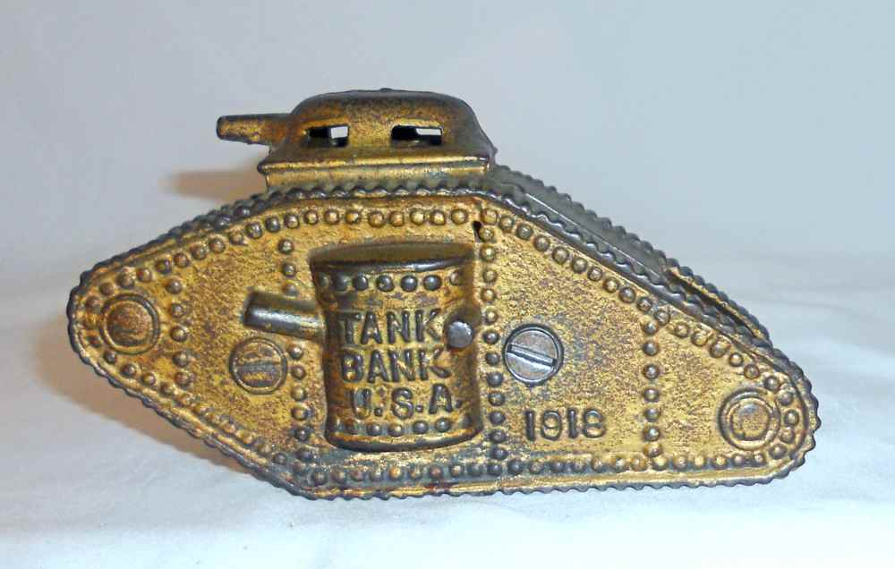 Antique AC Williams Cast Iron Tank Bank USA 1918 Still Penny Bank ...