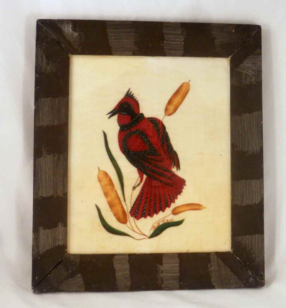 Bill Rank Framed Folk Art Hand Painted Theorem Red Bird Perched Cat Ta ...