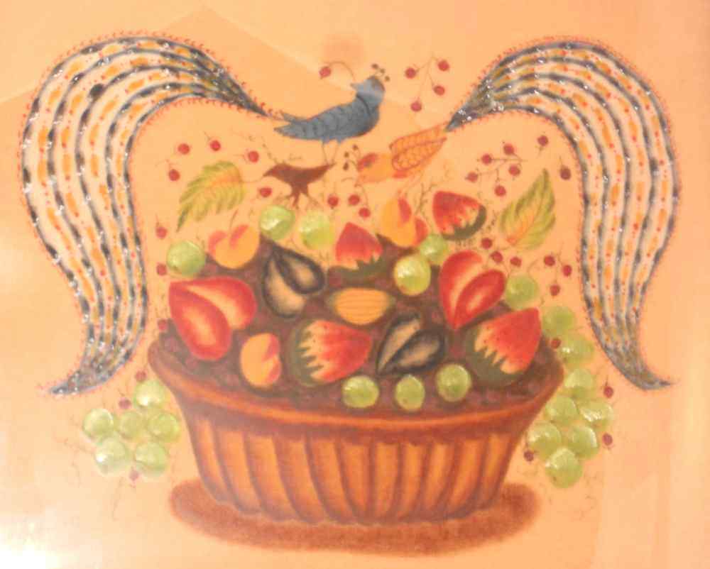 Colorful Bill Rank Framed Folk Art Hand Painted Theorem Birds on a Fru ...