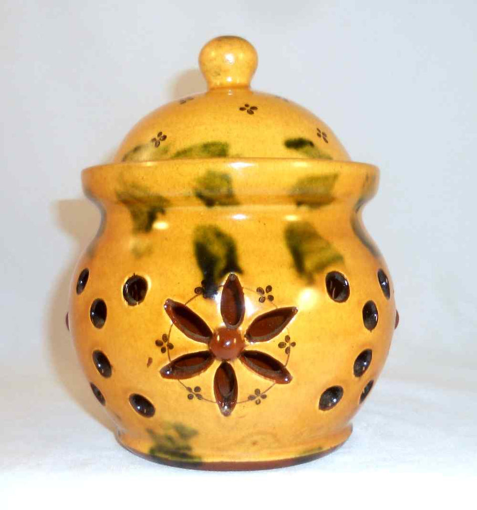 1991 Breininger Rare Glazed Double Wall Lidded Redware Jar Pierced Wor ...