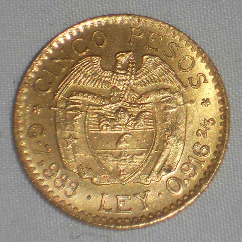 1924 Colombia Five Pesos Gold Coin MFDELLIN Under Simon Bolivar Facing ...