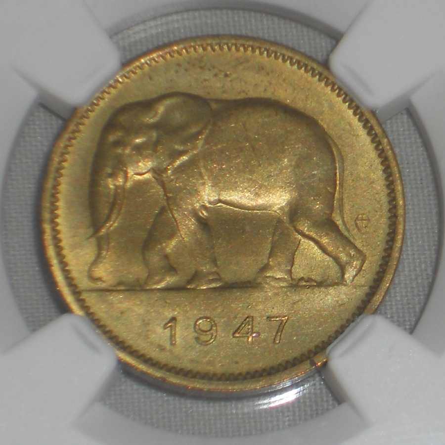 1947 Brass Coin Belgian Congo Two Francs Elephant Facing Left NGC Grad ...