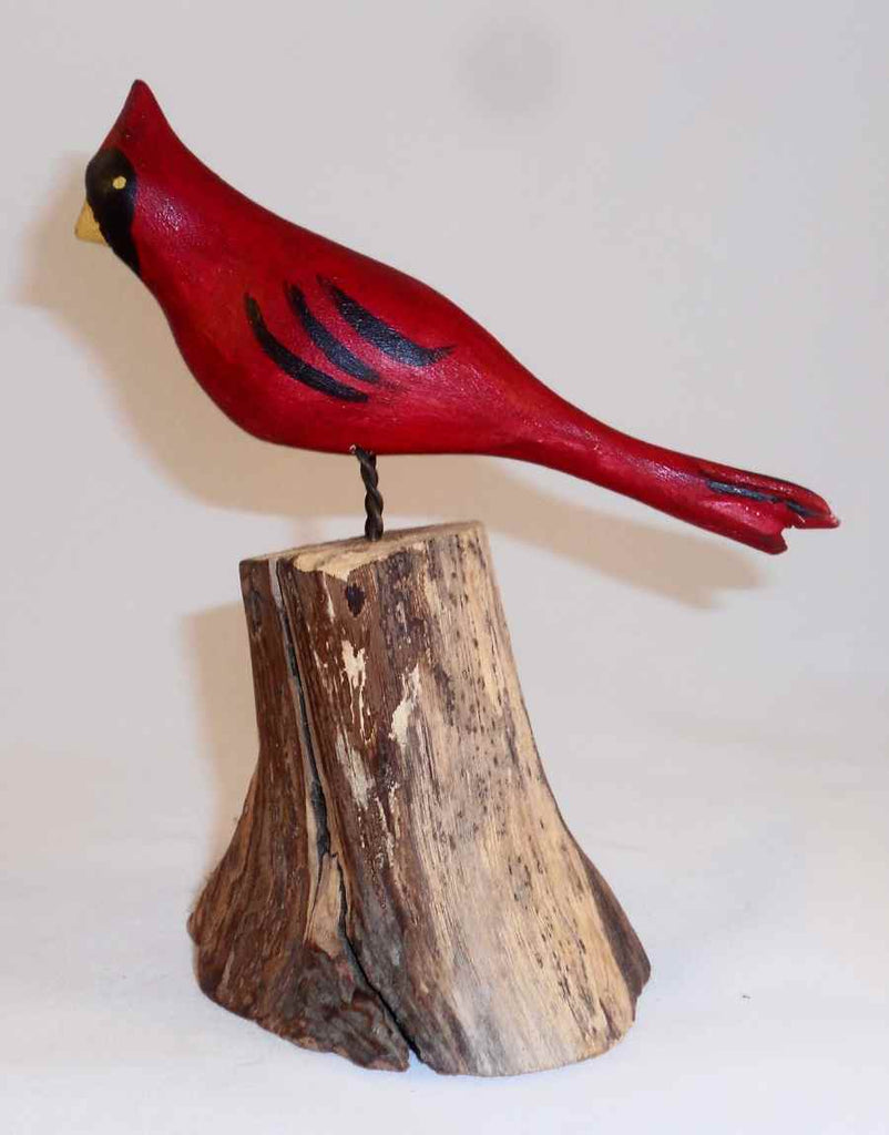 Hand Carved Polychrome Painted Folk Art Red Cardinal Bird Standing on ...