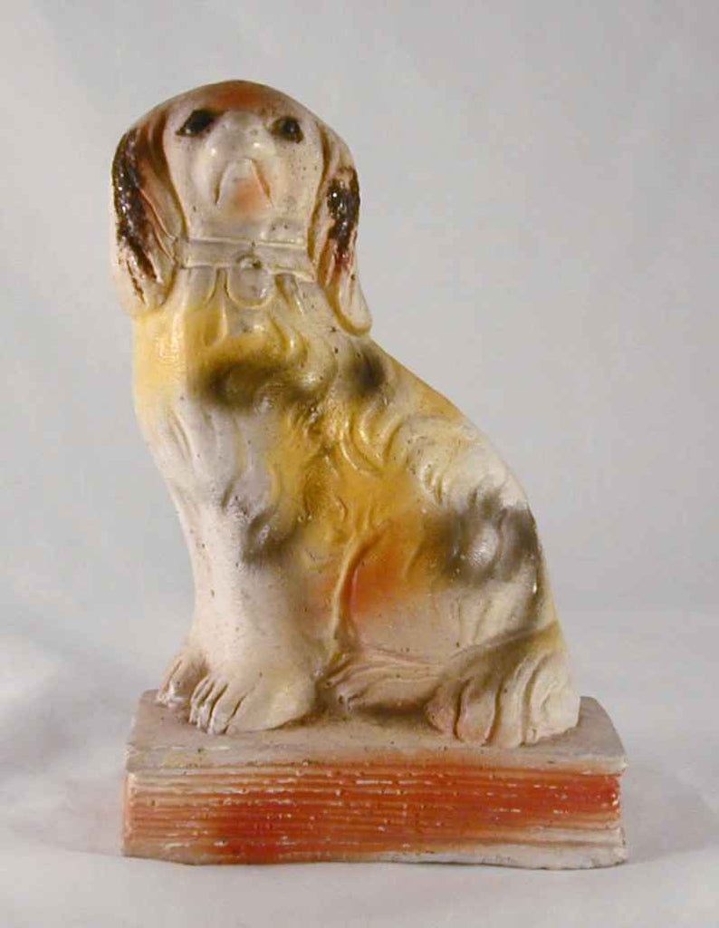 Antique Primitive Chalk Dog Figurine Staffordshire Spaniel on Book ...