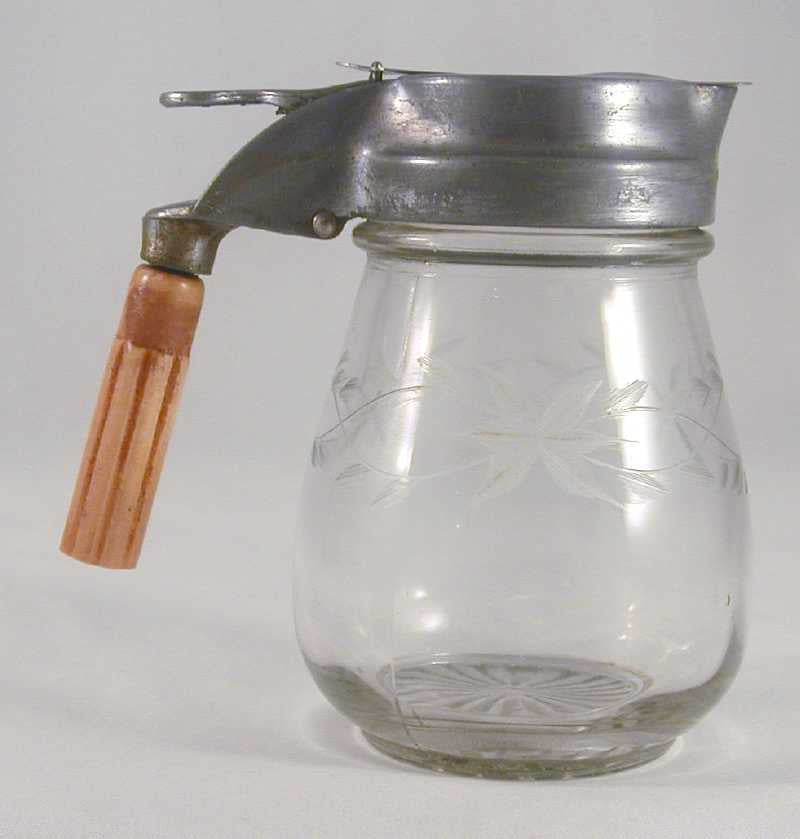 Antique Clear Etched Glass Table Top Syrup Metal Top Bakelite Handle ...