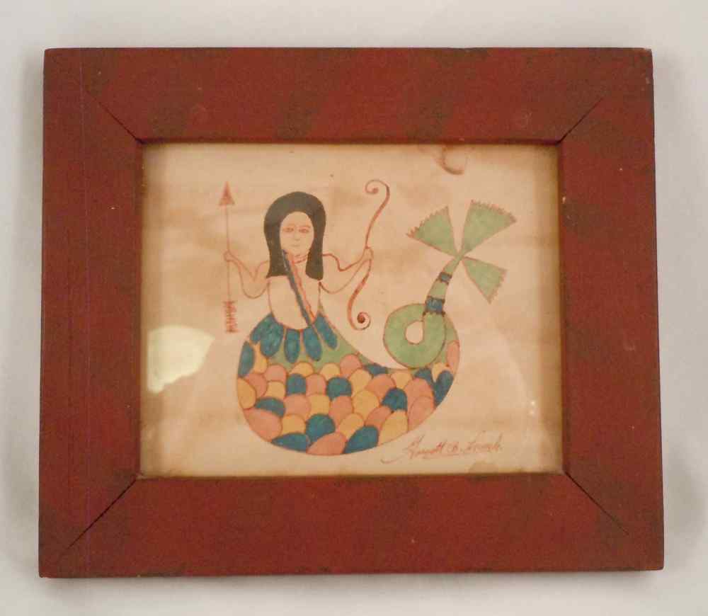 Folk Art Ink Water Color on Paper Fraktur Mermaid Bow & Arrow Garnett ...