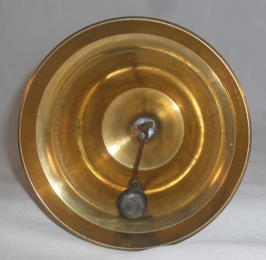 Vintage Large Brass Hand Bell Iron Ball Clapper Metal Capped Wooden Ha ...