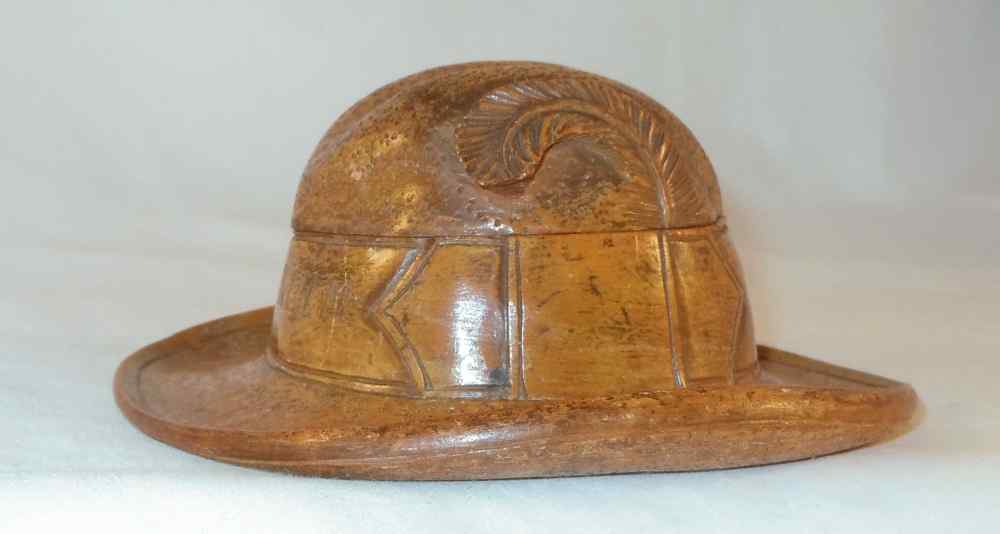 Unusual Antique Cherry Wood Hat Shaped Desktop Inkwell Hinged Lid Glas ...