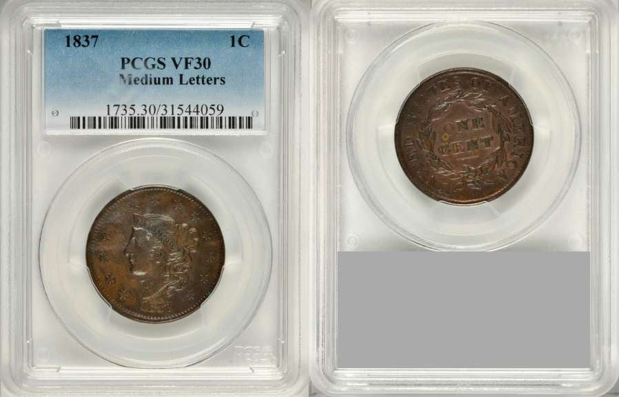 1837 Liberty Head Plain Cord Medium Letters Young Head Design Large Ce ...