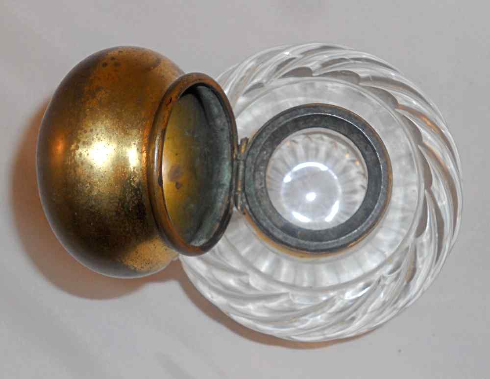 Unusual Antique Large and Heavy Desktop Crystal Inkwell with Hinged Br ...