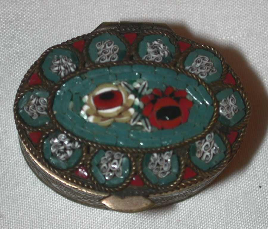 Beautiful Antique Small Brass Box Colorful Floral Micro Mosaic Decorat ...