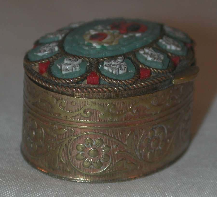 Beautiful Antique Small Brass Box Colorful Floral Micro Mosaic Decorat ...