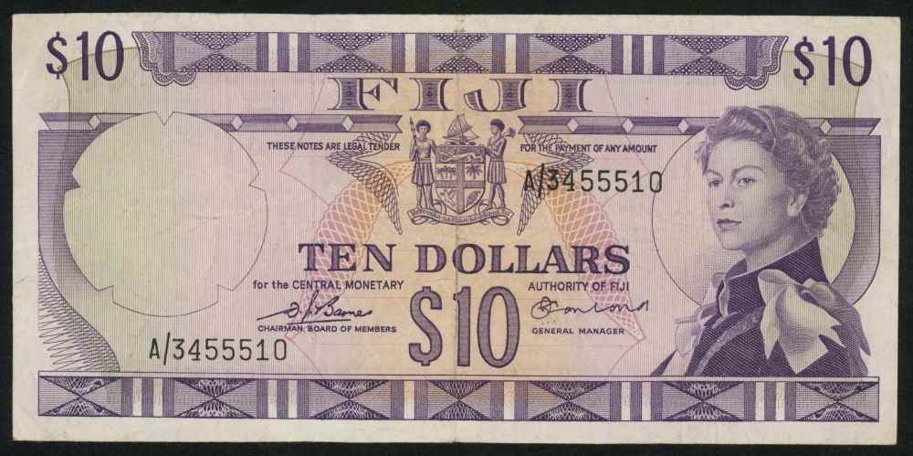 No Date 1974 Ten Dollars Banknote Central Monetary Authority of Fiji P ...