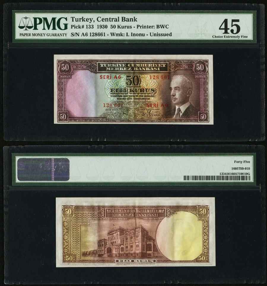 Turkey Central Bank 1930 Fifty Kurus Unissued Banknote PMG Choice Extr ...
