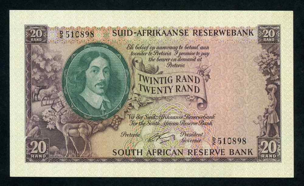 Currency 1962 South African Reserve Bank 20 Rands Banknote Van Riebeec ...
