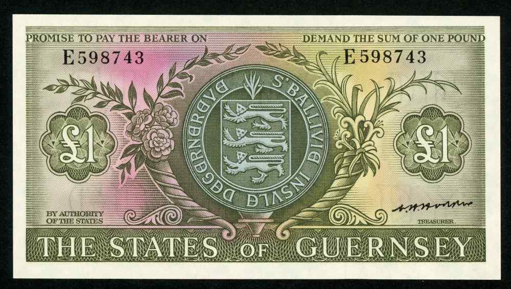1969-75 State of Guernsey Currency One Pound Banknote P# 45b Crisp Unc ...