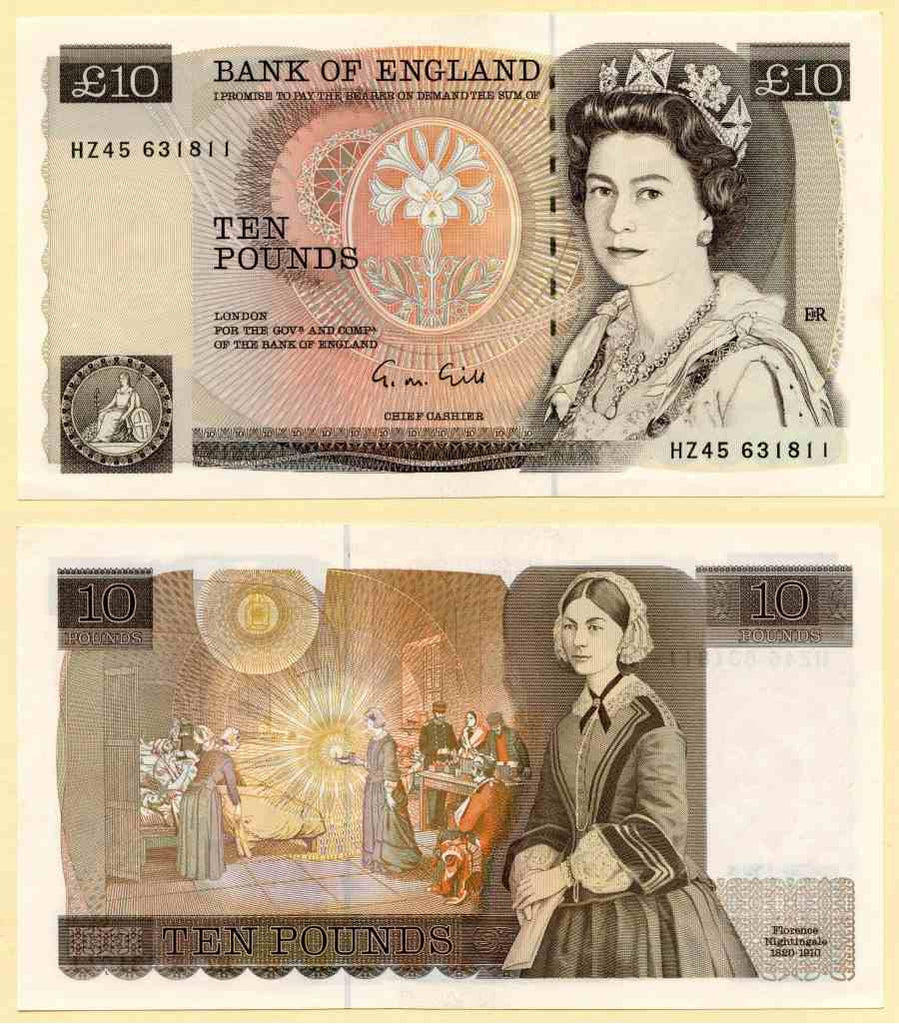 1988-1991 Great Britain 10 Pound Banknote Queen Elizabeth and Florence ...