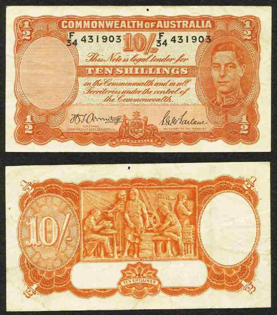 1942 Australia 10 Shillings Banknote Pick Number 25b King George VI ...