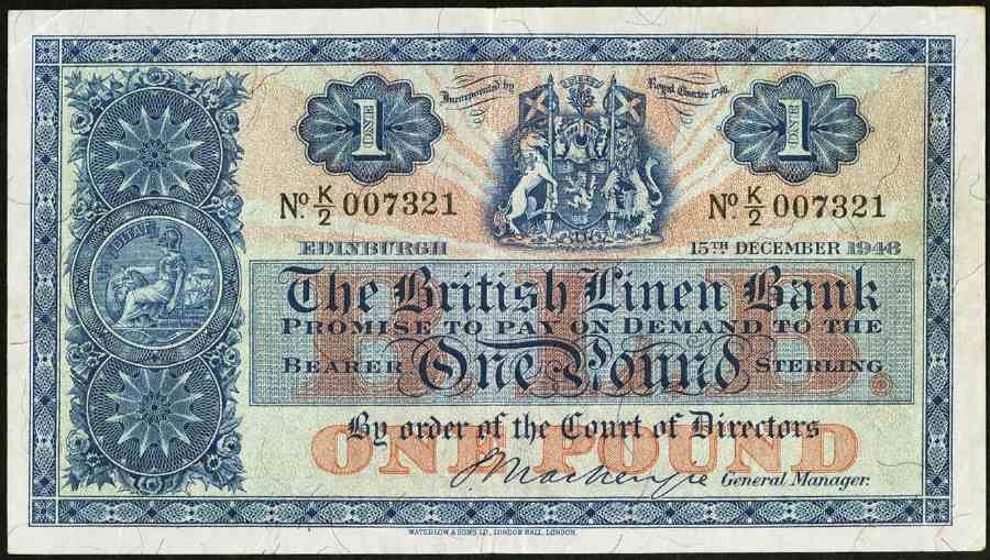 1948 Scotland One Pound Sterling BanknoteThe British Linen Bank Pick N ...