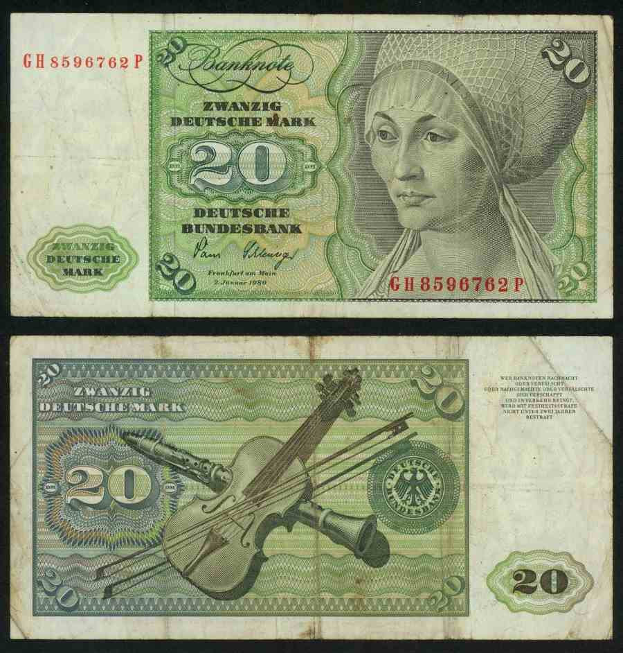 1980 Germany 20 Mark Banknote Pick Number 32c Elsbeth Tucher by Albrec ...