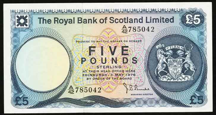 1976 Royal Bank of Scotland Limited Five Pounds Banknote Pick Number 3 ...