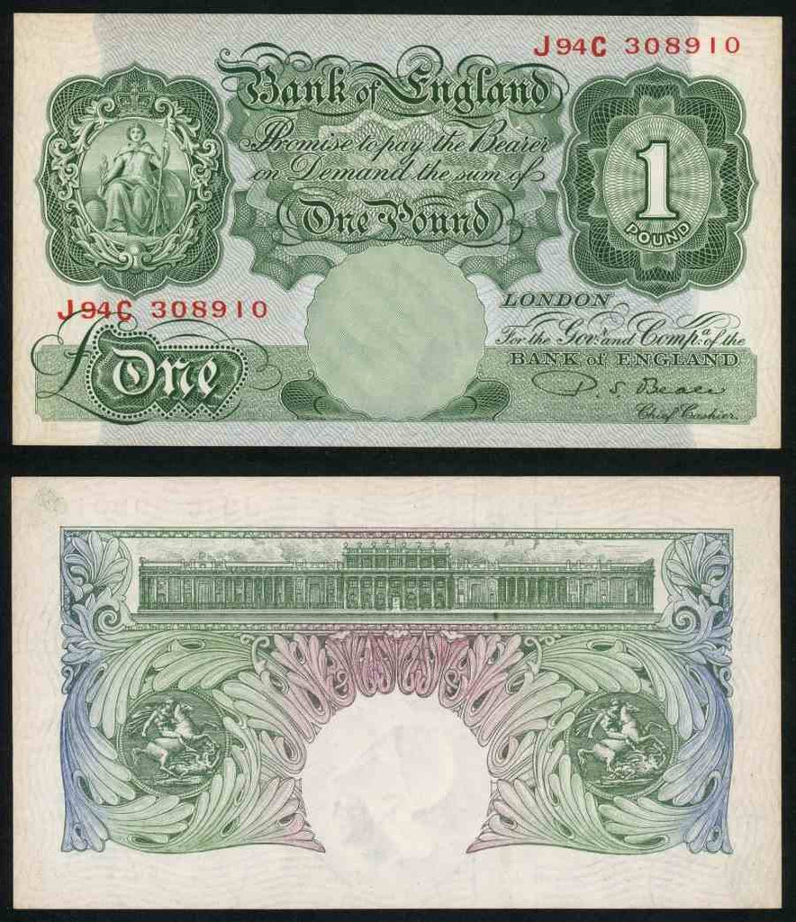 1949-1955 Great Britain Green Colored One Pound Seated Britannia Signe ...