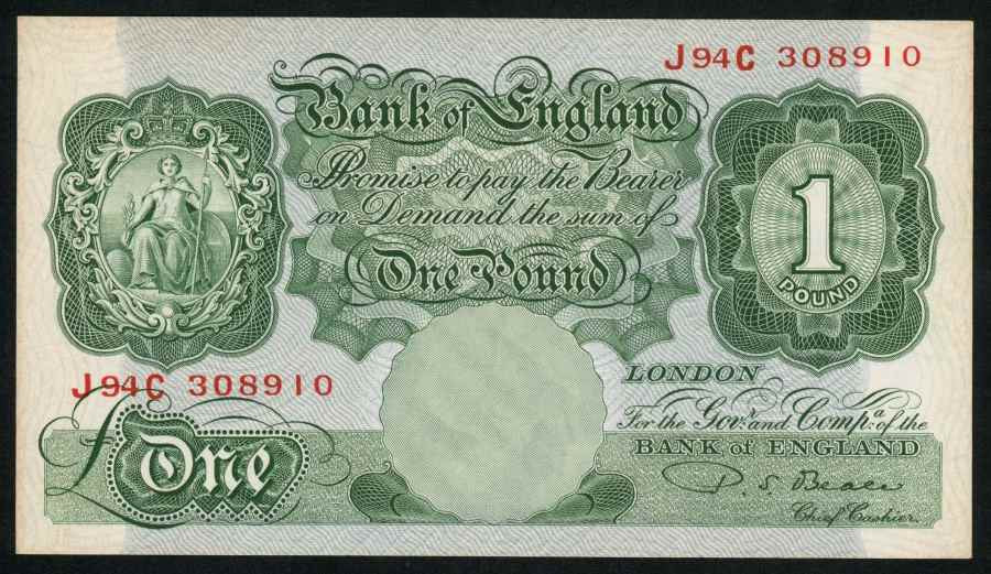 1949-1955 Great Britain Green Colored One Pound Seated Britannia Signe ...