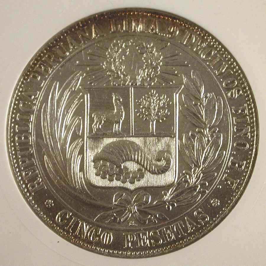 1880 BF Crown Size Silver Coin from Peru Five Pesetas Lima Mint Woman ...