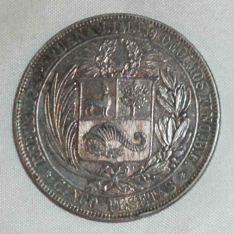 1880 BF Crown Size Silver Coin from Peru Five Pesetas Lima Mint Woman ...