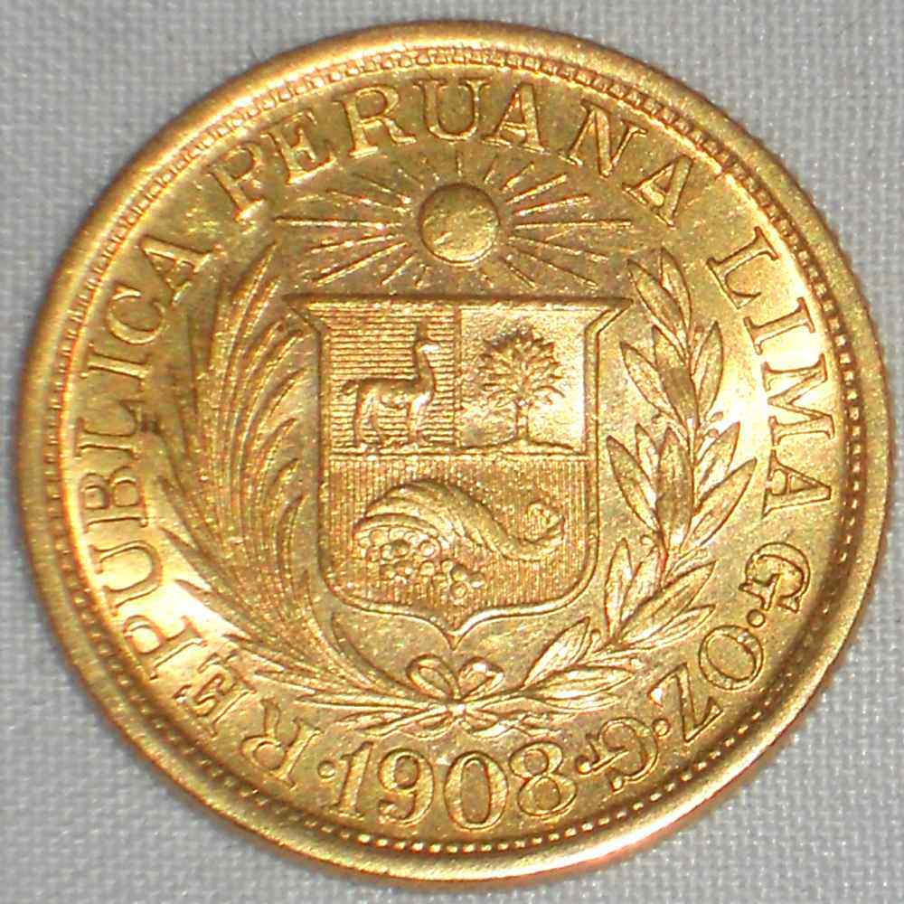 Scarce 1908 Peru Gold Coin Libra or Pound Lima Mint Native Head Facing ...