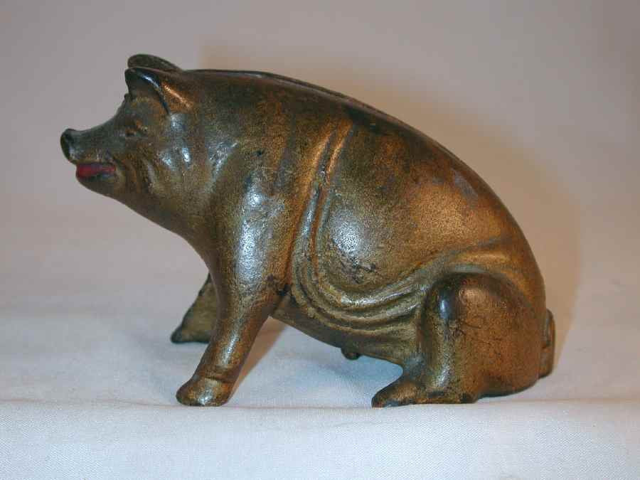 Antique Figural Cast Iron Golden Still Penny Bank Pig or Hog Sitting o ...