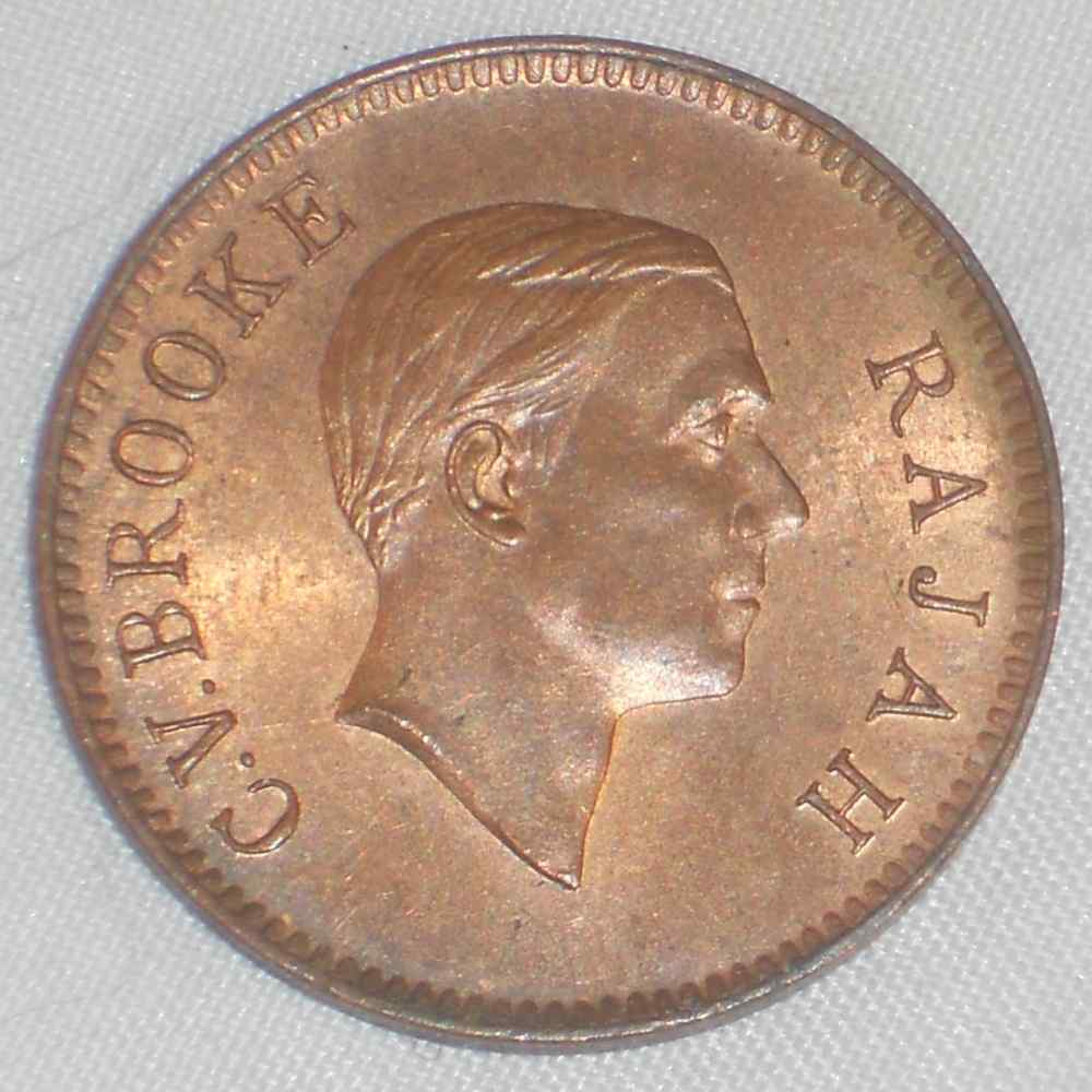 Uncirculated 1937 Sarawak Bronze Coin One Cent Charles V Brooke Bust M ...