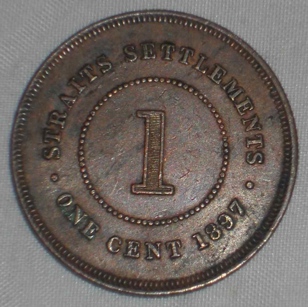 1897 Bronze Coin One Cent Straits Settlements Malaya Peninsula Queen V ...