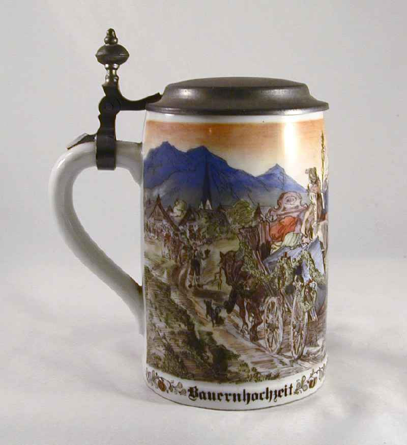 German Stein Rein Zinn Pewter Lid Colorful Design Hammer Wagon Wedding ...