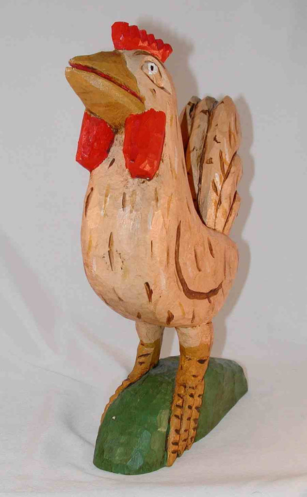 2001 Hand Carved Polychrome Painted Wooden Primitive Standing Rooster ...