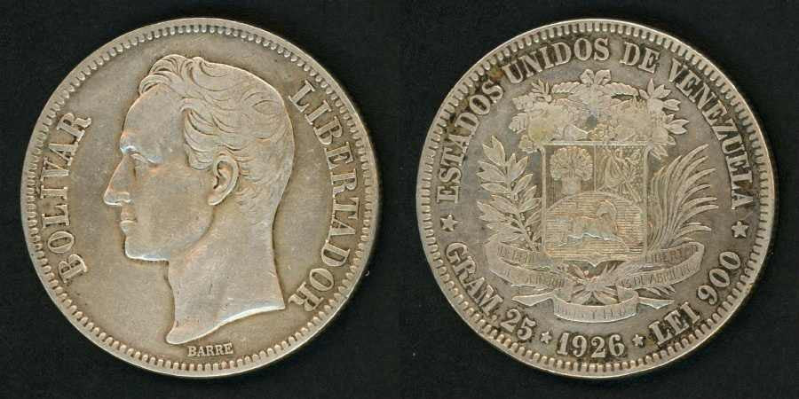 1926 Venezuela Crown Size Silver Coin Five Bolivars Simon Bolivar Extr ...