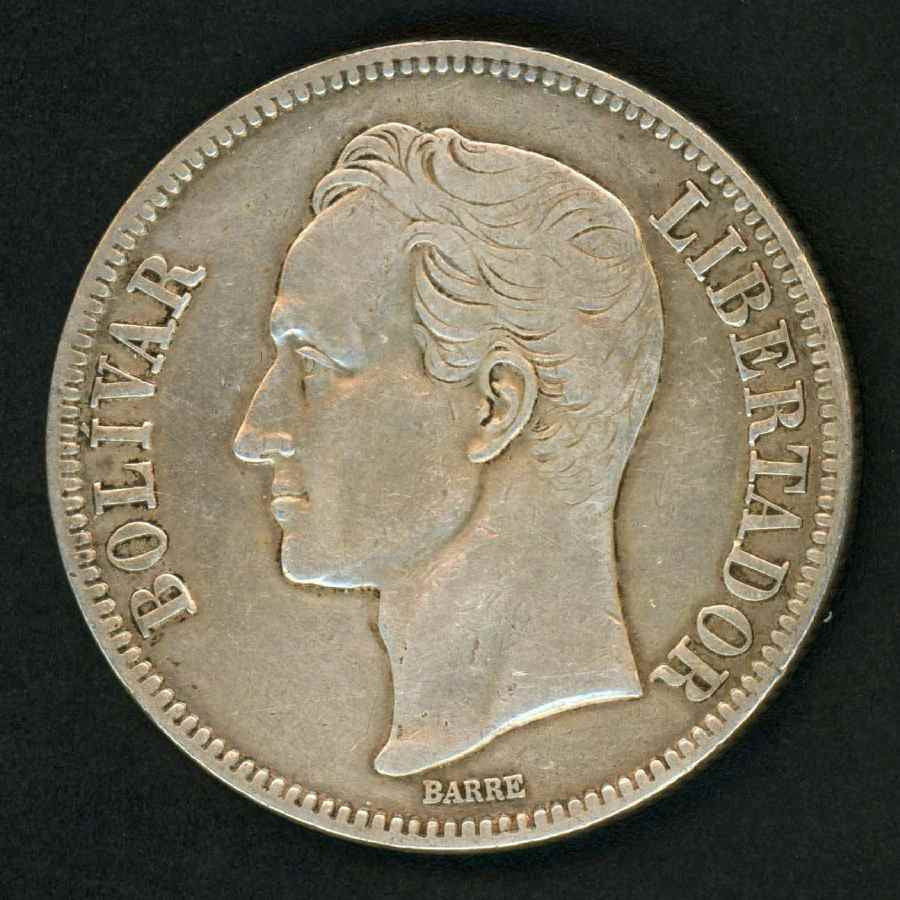 1926 Venezuela Crown Size Silver Coin Five Bolivars Simon Bolivar Extr ...